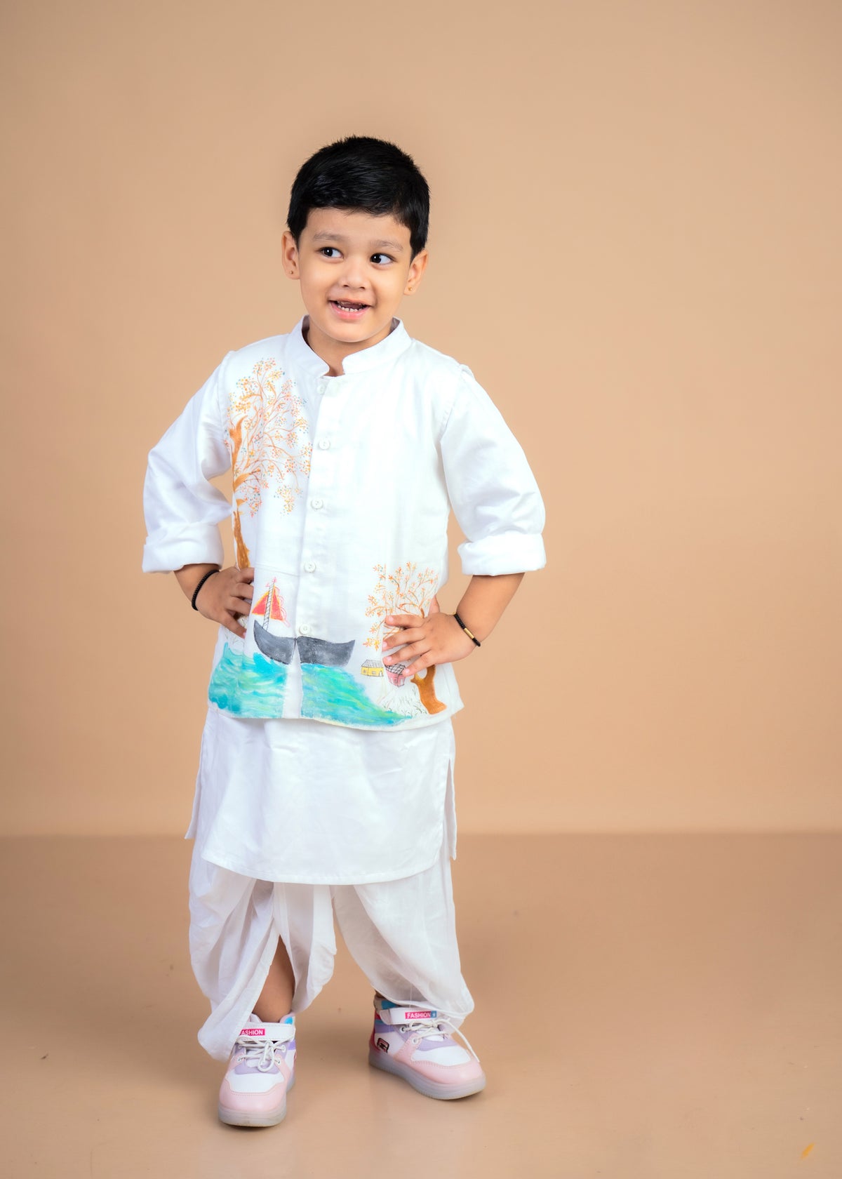 Aarav Bandi Set: White Jute Linen Handpainted Bandi Set For Boys– Mini ...